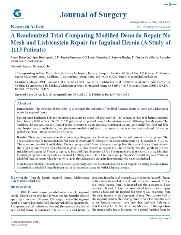(PDF) A Randomized Trial Comparing Modified Desarda Repair No Mesh and ...