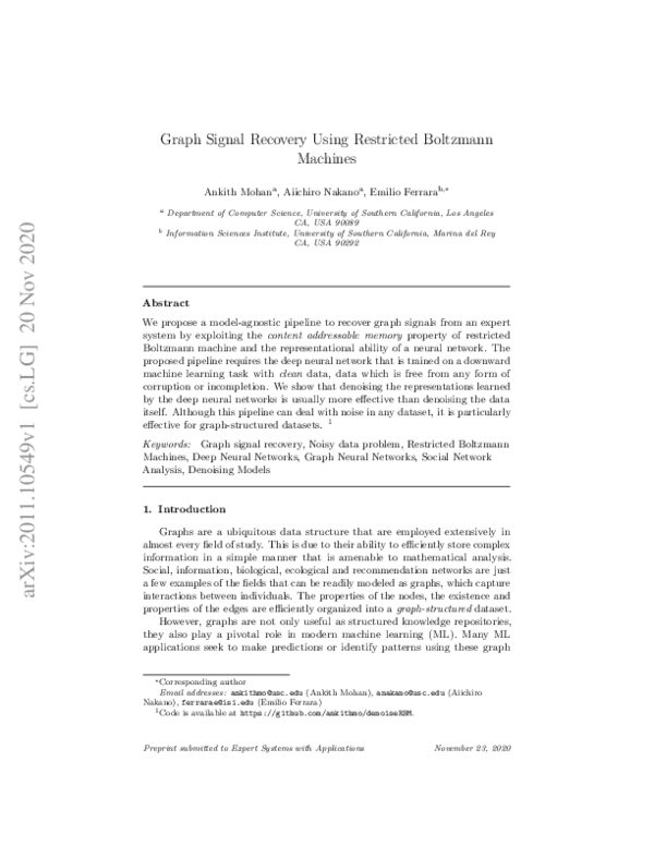 (PDF) Graph signal recovery using restricted Boltzmann machines
