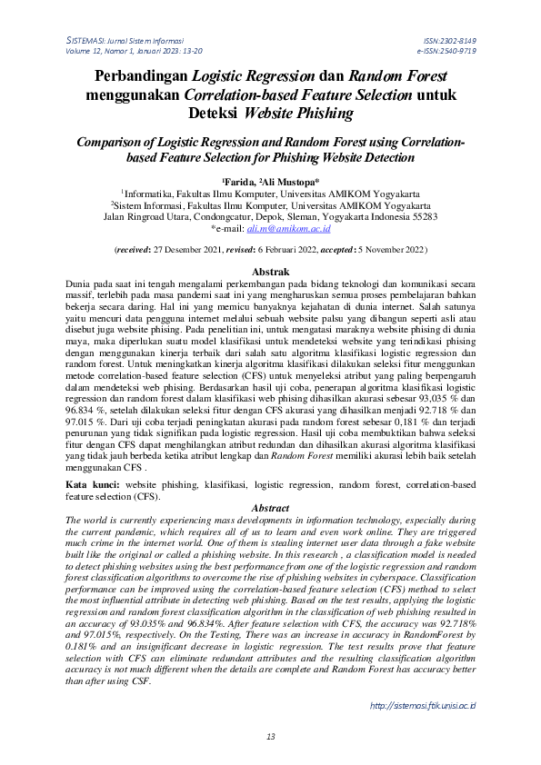 Pdf Comparison Of Logistic Regression And Random Forest Using Correlation Based Feature