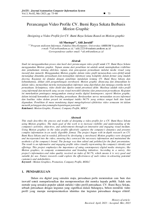 (PDF) Perancangan Video Profile CV. Bumi Raya Sekata Berbasis Motion ...