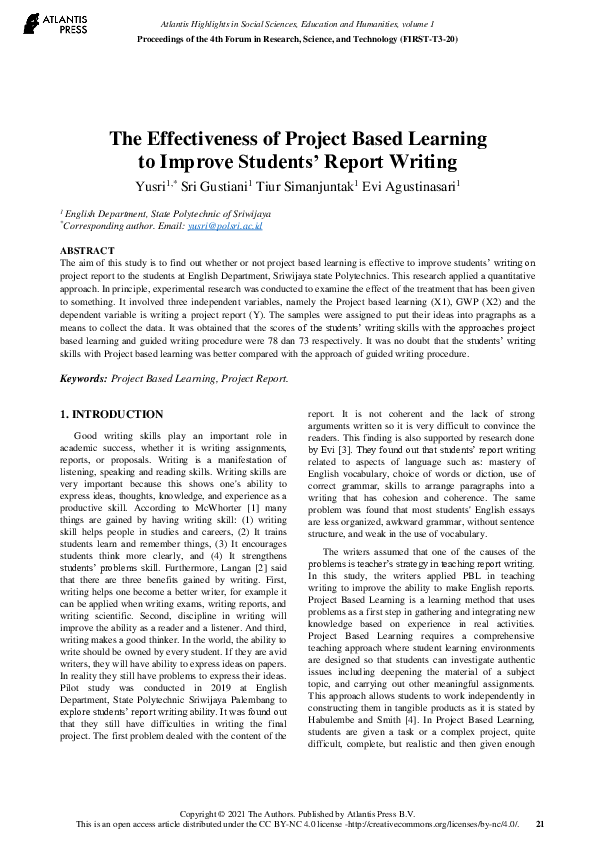 (PDF) The Effectiveness of Project Based Learning to Improve Students’ Report Writing | ani ani ...