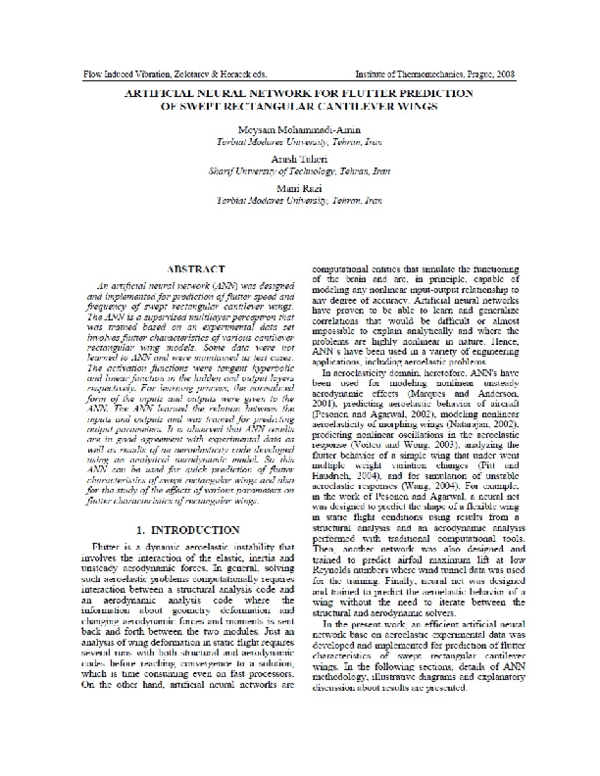 Pdf Artificial Neural Network For Flutter Prediction Of Swept
