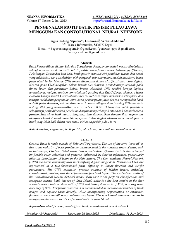 Pdf Pengenalan Motif Batik Pesisir Pulau Jawa Menggunakan Convolutional Neural Network