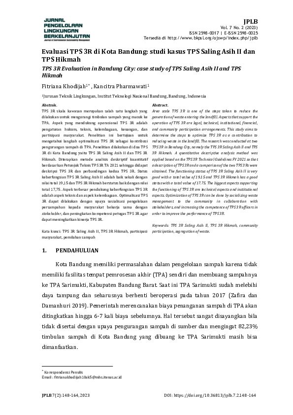 (PDF) Evaluasi TPS 3R di Kota Bandung: studi kasus TPS Saling Asih II dan TPS Hikmah
