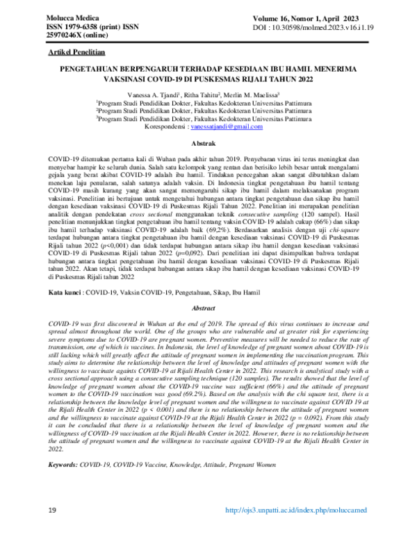 (PDF) Hubungan Tingkat Pengetahuan Dan Sikap Ibu Hamil Dengan Kesediaan Vaksinasi COVID-19 DI ...