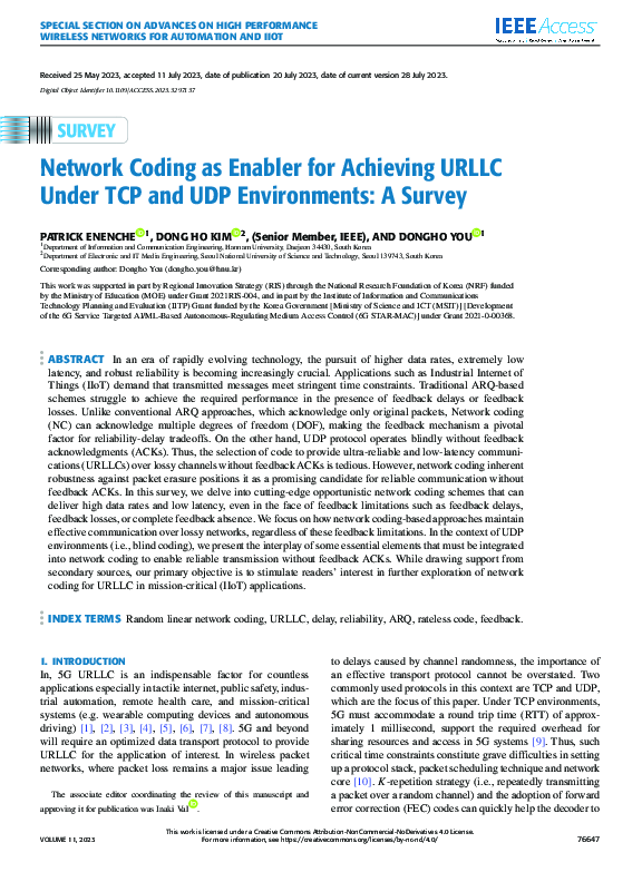 (PDF) Network Coding as Enabler for Achieving URLLC Under TCP and UDP Environments: A Survey