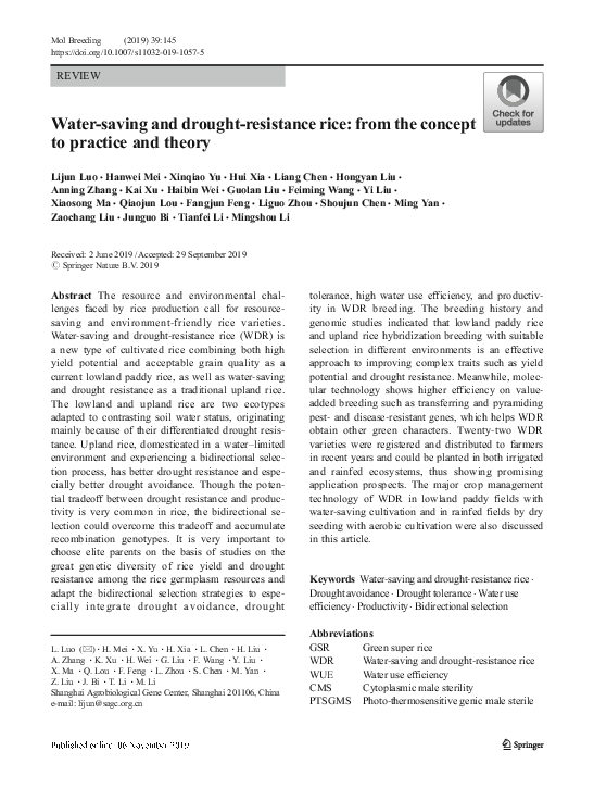 (PDF) Water-saving and drought-resistance rice: from the concept to ...
