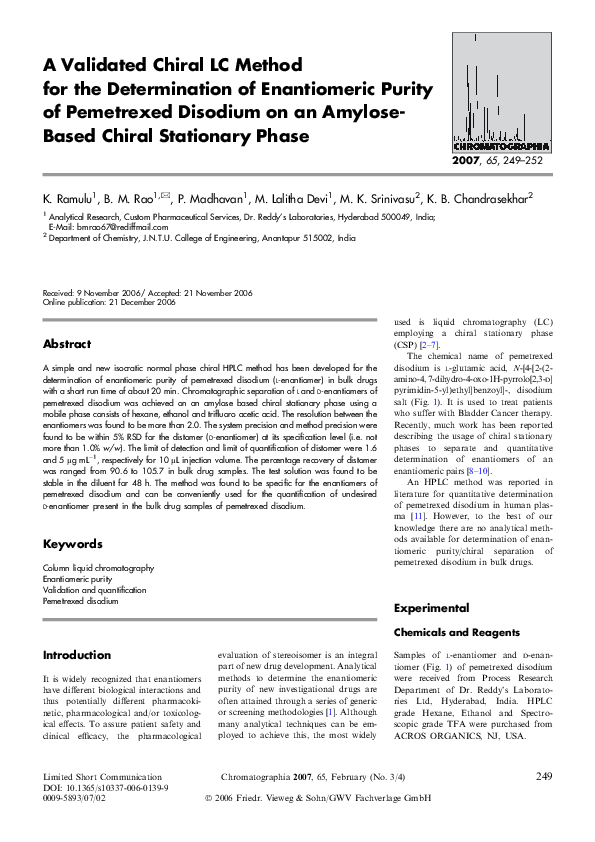 (PDF) A Validated Chiral LC Method for the Determination of Enantiomeric Purity of Pemetrexed ...