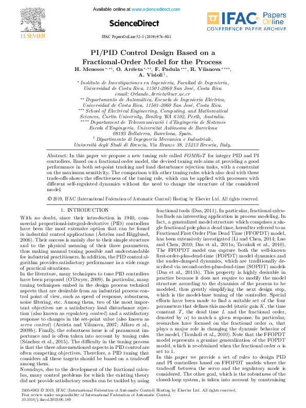 Pdf Pi Pid Control Design Based On A Fractional Order Model For The