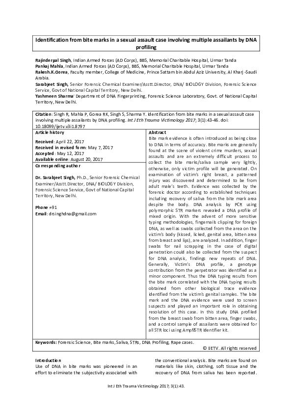 Pdf Identification From Bite Marks In A Sexual Assault Case Involving