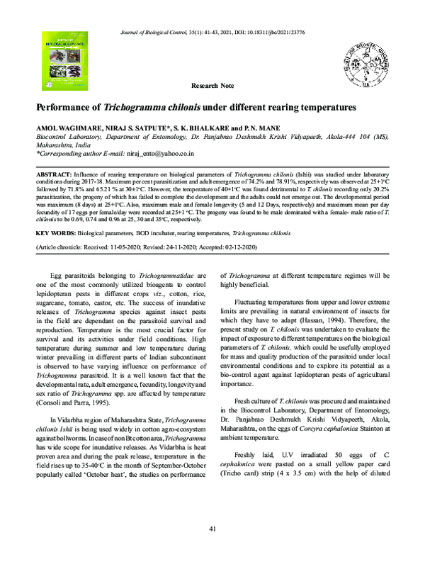 Pdf Performance Of Trichogramma Chilonis Under Different Rearing
