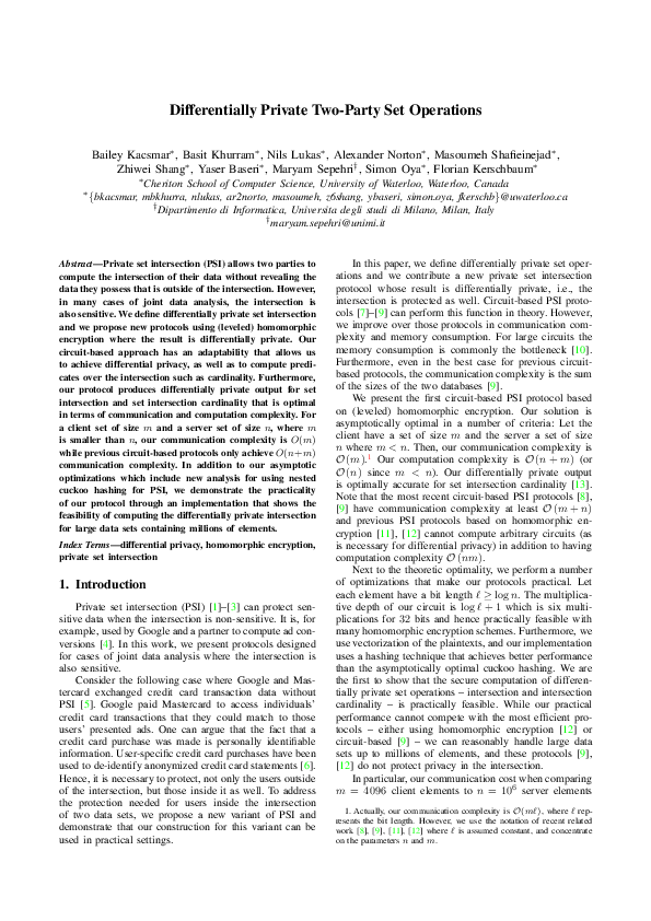 (PDF) Differentially Private Two-Party Set Operations