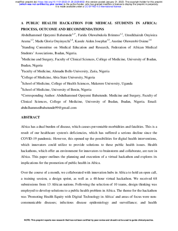 (PDF) A Public Health Hackathon for Medical Students in Africa: Process ...