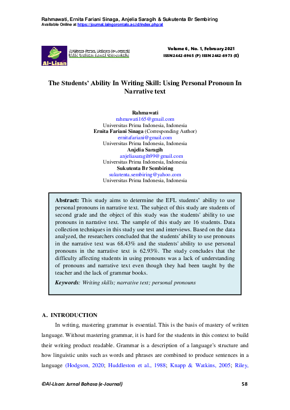 (PDF) The Students’ Ability In Writing Skill: Using Personal Pronoun In Narrative text