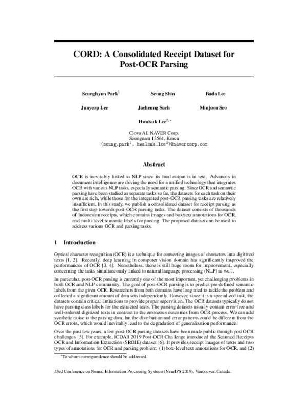 (PDF) CORD: A Consolidated Receipt Dataset for Post-OCR Parsing