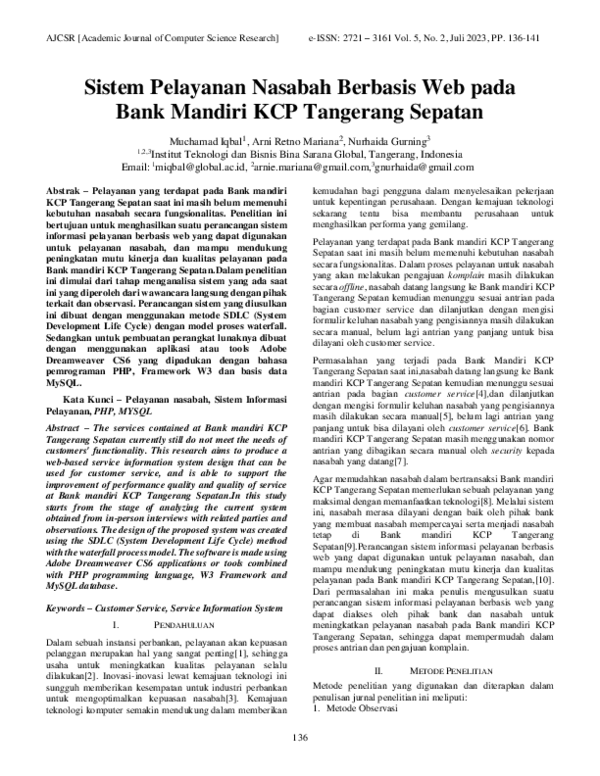 (PDF) Sistem Pelayanan Nasabah Berbasis Web pada Bank Mandiri KCP Tangerang Sepatan | muchamad ...