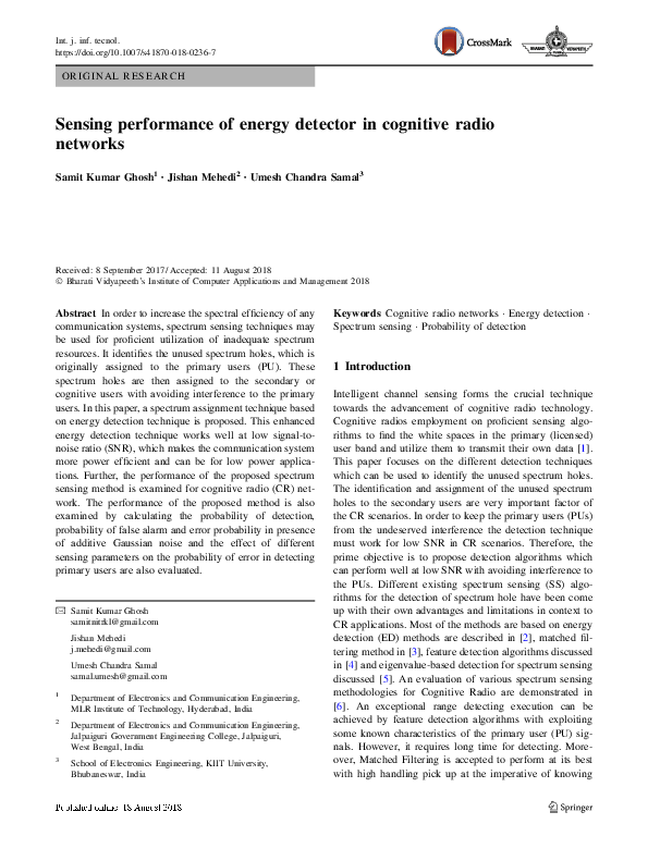 Pdf Sensing Performance Of Energy Detector In Cognitive Radio