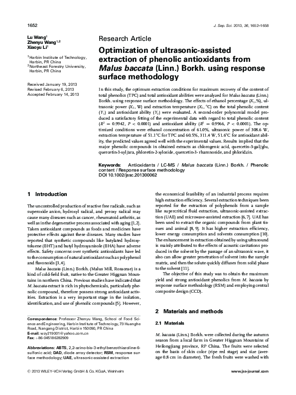 Pdf Optimization Of Ultrasonic Assisted Extraction Of Eugenol Rich Fraction From Basil Leaves