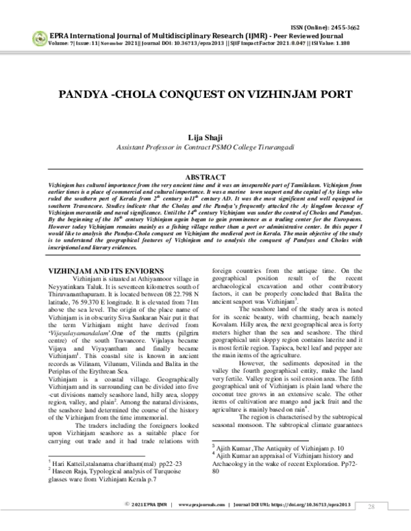 (PDF) PANDYA -CHOLA CONQUEST ON VIZHINJAM PORT