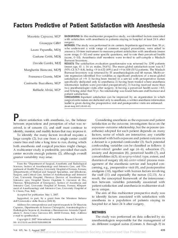 (PDF) Factors Predictive of Patient Satisfaction with Anesthesia