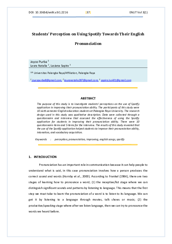 (PDF) The Students’ Perception on Using Spotify Towards Their English ...