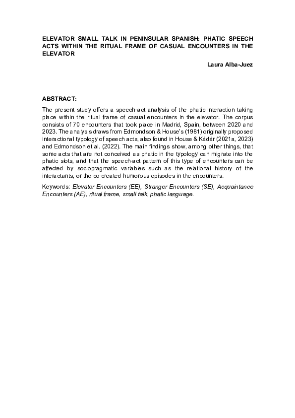 (PDF) ELEVATOR SMALL TALK IN PENINSULAR SPANISH: PHATIC SPEECH ACTS ...