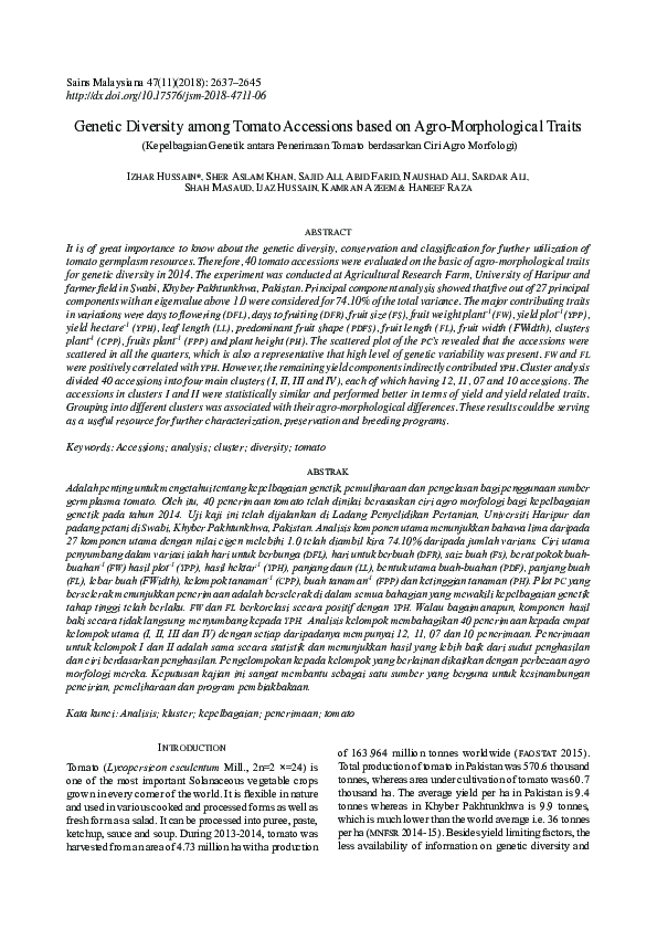 (PDF) Genetic Diversity among Tomato Accessions based on Agro-Morphological Traits