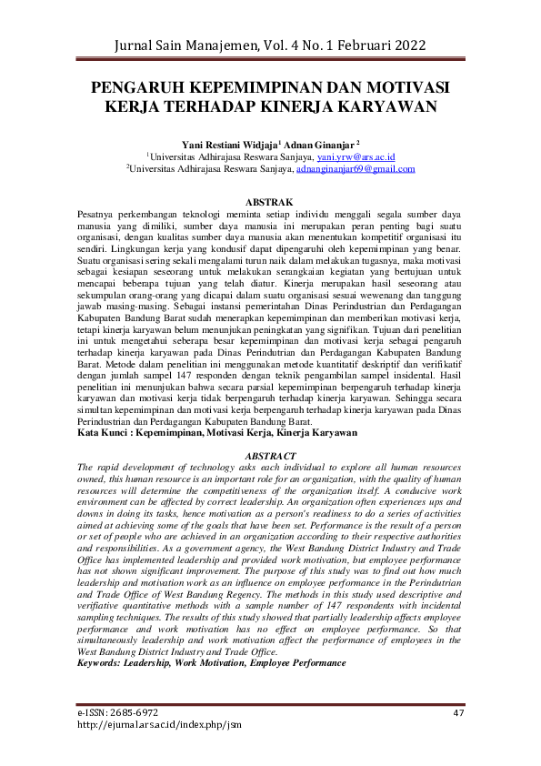 (PDF) Pengaruh Kepemimpinan Dan Motivasi Kerja Terhadap Kinerja Karyawan