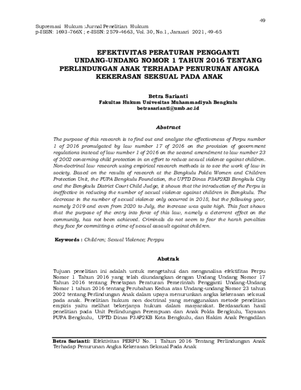 (PDF) Efektivitas Peraturan Pengganti Undang-Undang Nomor 1 Tahun 2016 Tentang Perlindungan Anak ...