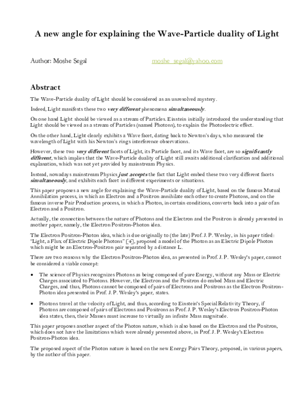 (PDF) A new angle for explaining the Wave-Particle duality of Light