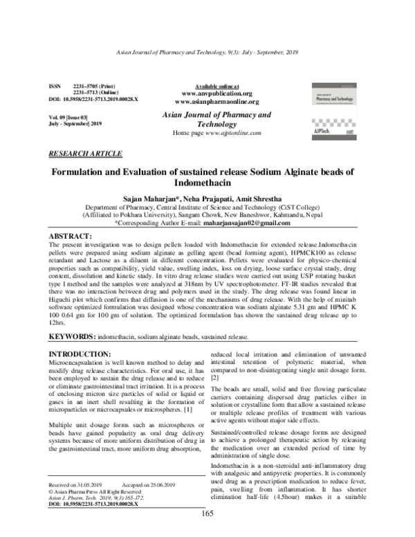 Pdf Formulation And Evaluation Of Sustained Release Sodium Alginate Beads Of Indomethacin