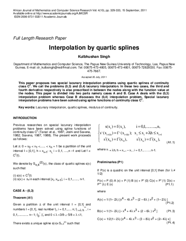 (PDF) Interpolation by quartic splines