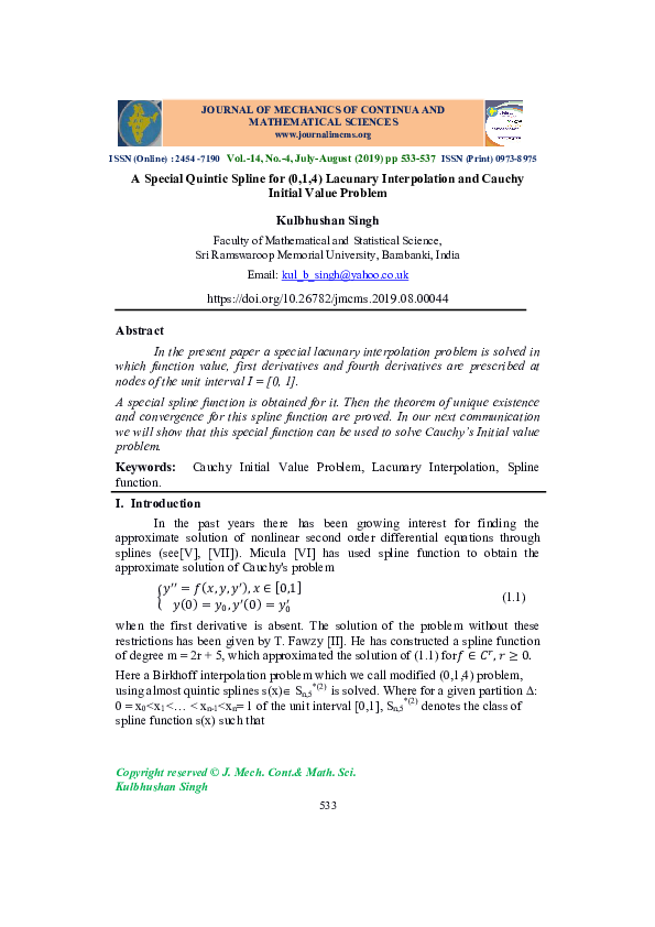 Pdf A Special Quintic Spline For 0 1 4 Lacunary Interpolation And Cauchy Initial Value Problem