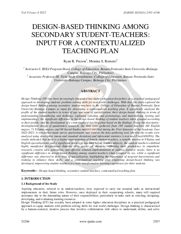 (PDF) DESIGN-BASED THINKING AMONG SECONDARY STUDENT-TEACHERS: INPUT FOR ...