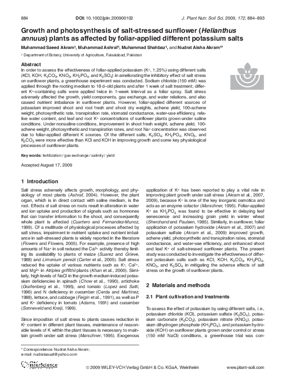 (PDF) Growth and photosynthesis of salt‐stressed sunflower ( Helianthus ...