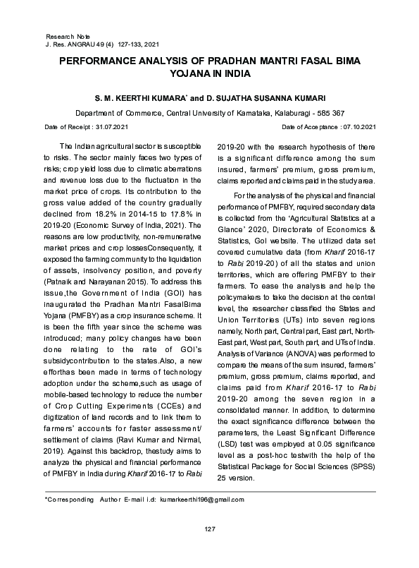 (PDF) PERFORMANCE ANALYSIS OF PRADHAN MANTRI FASAL BIMAYOJANA IN INDIA