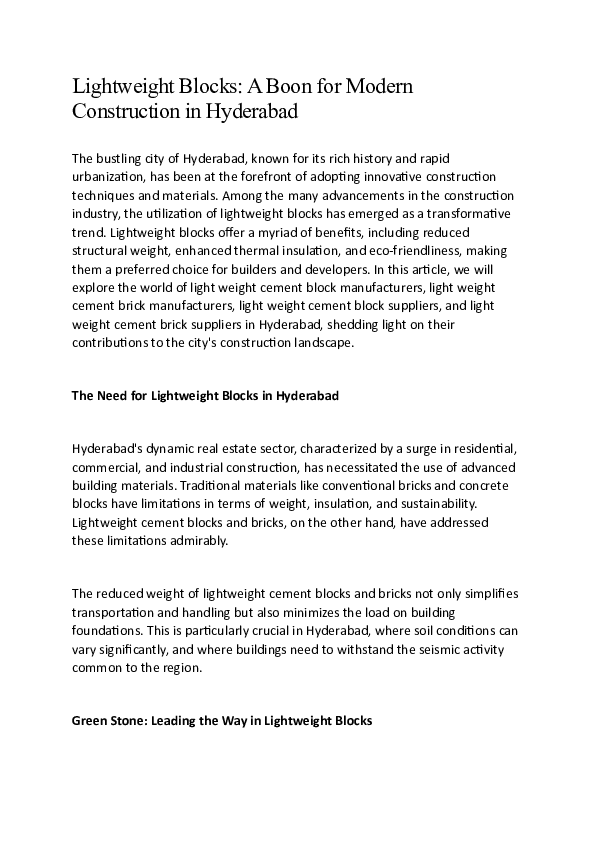 (DOC) Lightweight Blocks: A Boon for Modern Construction in Hyderabad