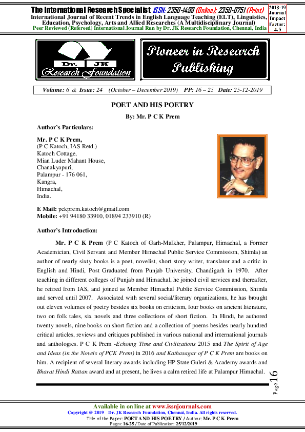 (PDF) The International Research Specialist -POET AND HIS POETRY