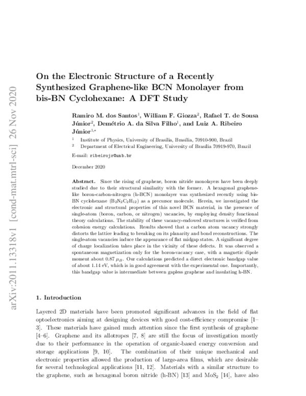 (PDF) On the electronic structure of a recently synthesized graphene-like BCN monolayer from bis ...