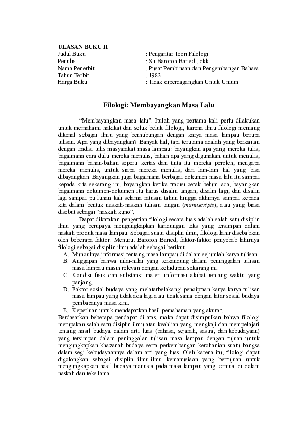 (DOC) ULASAN BUKU II Judul Buku : Pengantar Teori Filologi Penulis : Sti Baroroh Baried , dkk ...