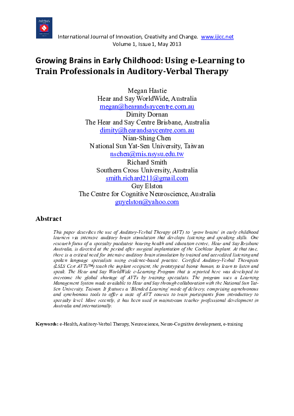 (PDF) Growing Brains in Early Childhood : Using e-Learning to Train Professionals in Auditory ...