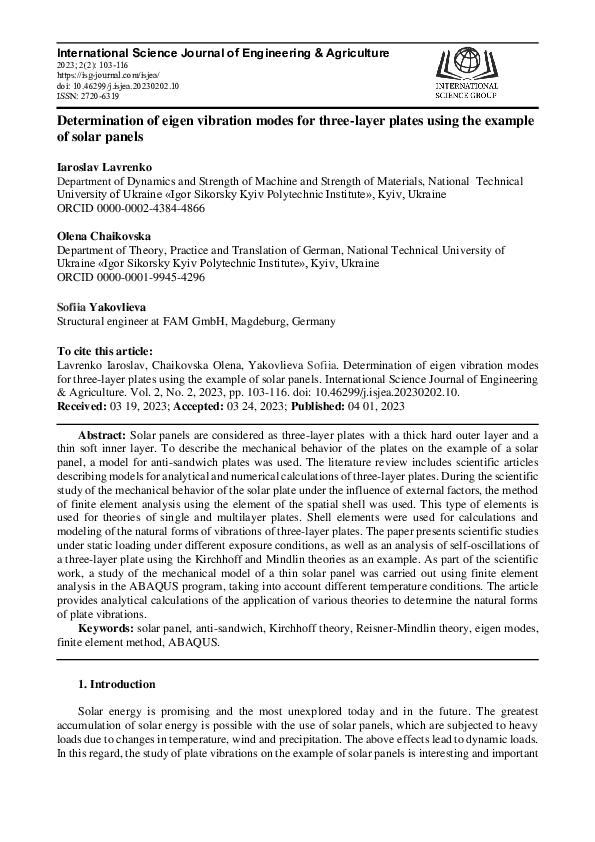 Pdf Determination Of Eigen Vibration Modes For Three Layer Plates Using The Example Of Solar