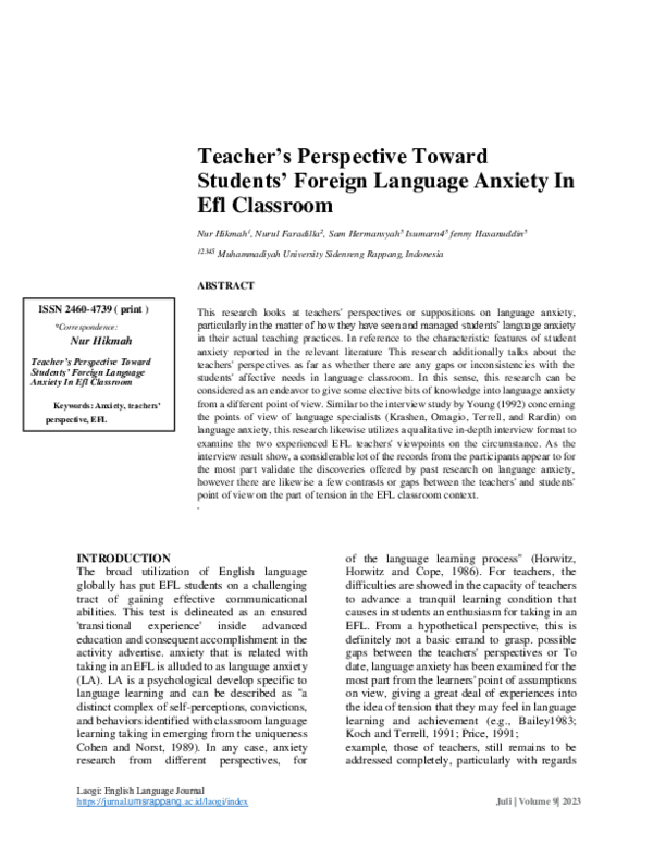 (PDF) Teacher’s Perspective Toward Students’ Foreign Language Anxiety ...