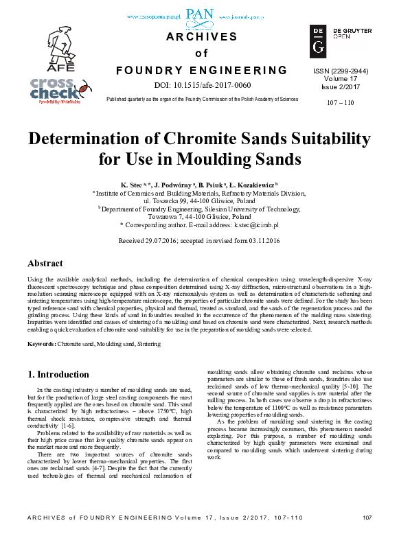 (PDF) Determination of Chromite Sands Suitability for Use in Moulding Sands