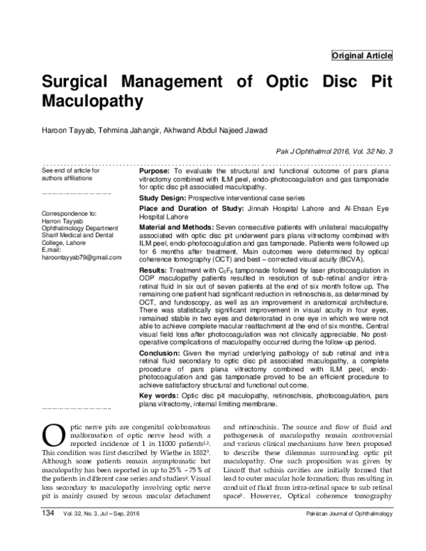 (PDF) Surgical Management of Optic Disc Pit Maculopathy