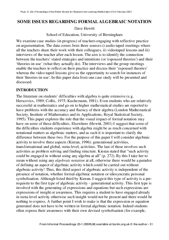 (PDF) Some issues regarding formal algebraic notation
