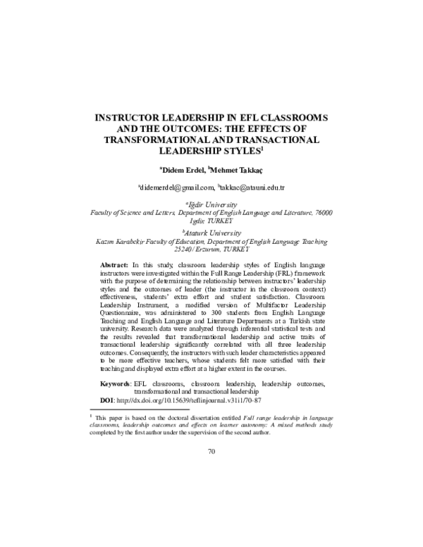 (PDF) Instructor Leadership in Efl Classrooms and the Outcomes: The ...
