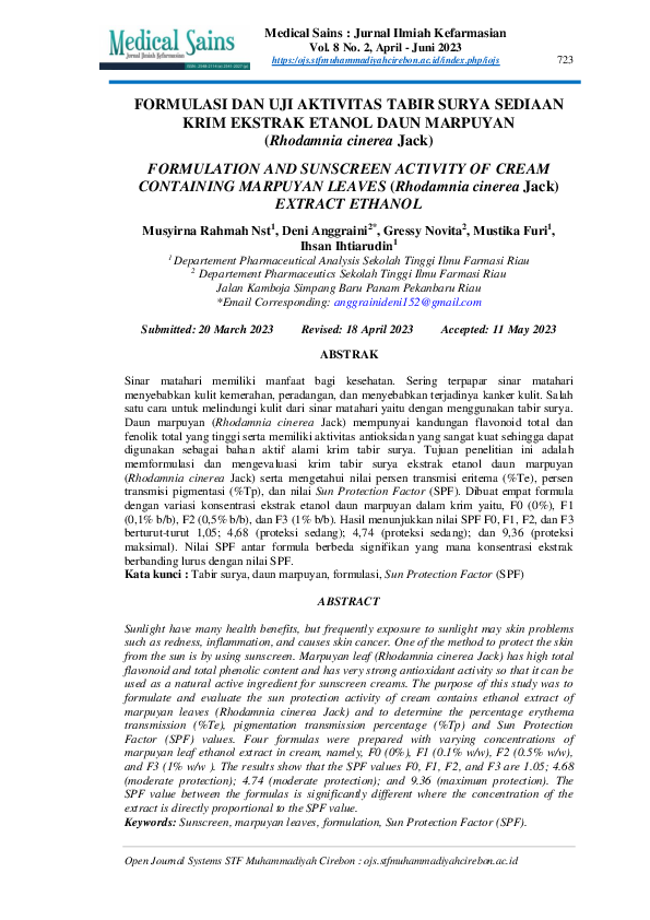 (PDF) FORMULASI DAN UJI AKTIVITAS TABIR SURYA SEDIAAN KRIM EKSTRAK ETANOL DAUN MARPUYAN ...