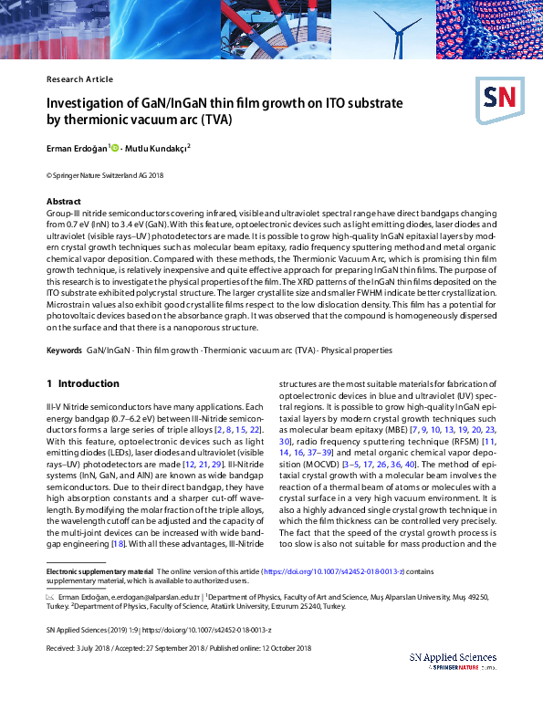 (PDF) Investigation of GaN/InGaN thin film growth on ITO substrate by ...
