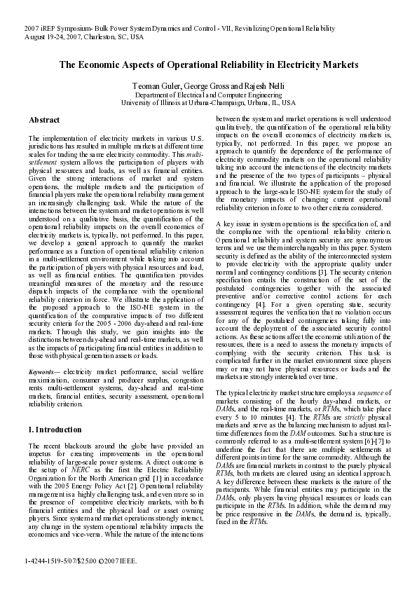 (PDF) The economic aspects of operational reliability in electricity ...